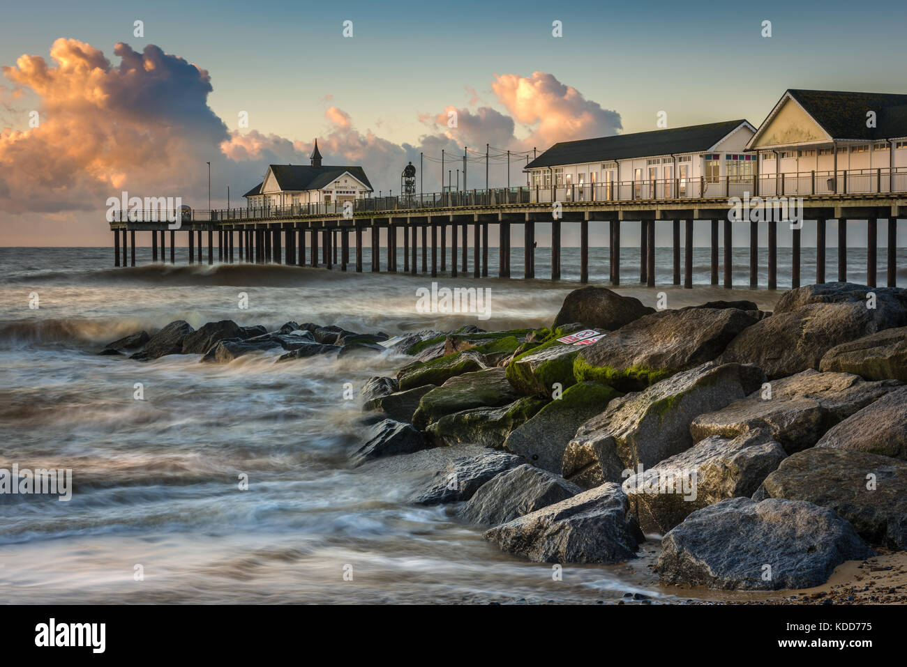 The sun lights up the Pier in the popular Suffolk seaside town of ...