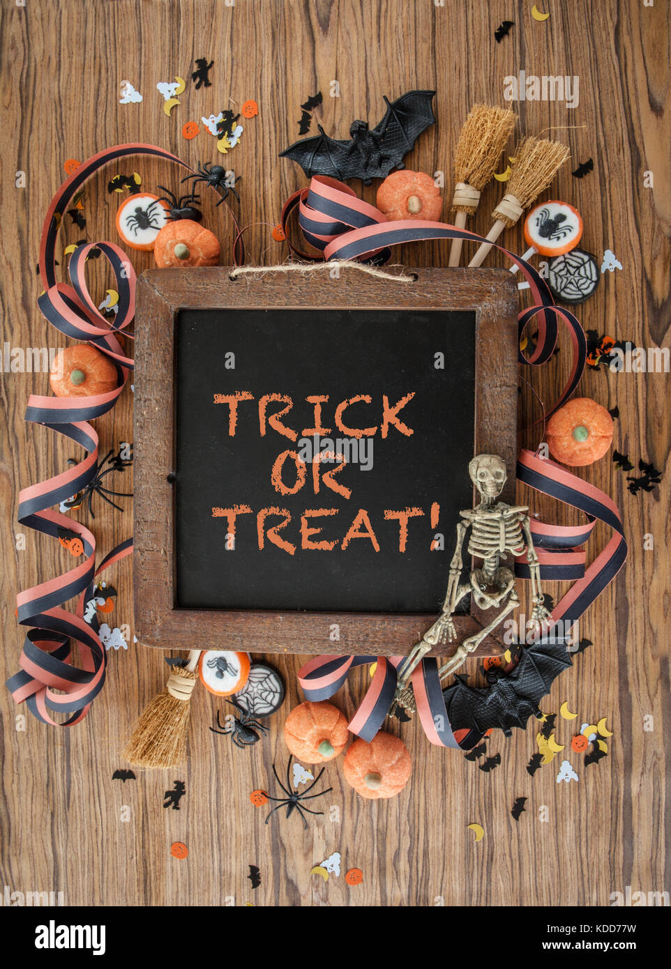 Colorful Halloween background with decorations and candy Stock Photo ...