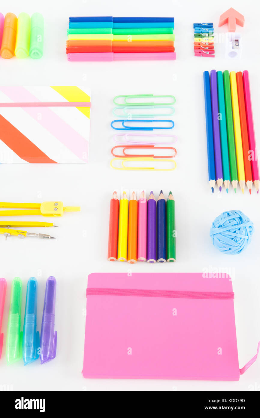 Variety od school supplies in bright rainbow colors Stock Photo - Alamy