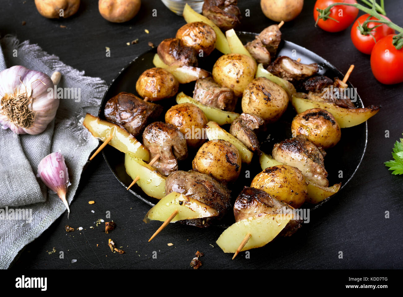 Bbq from chicken liver, potato and bell pepper. Tasty barbecue skewers ...