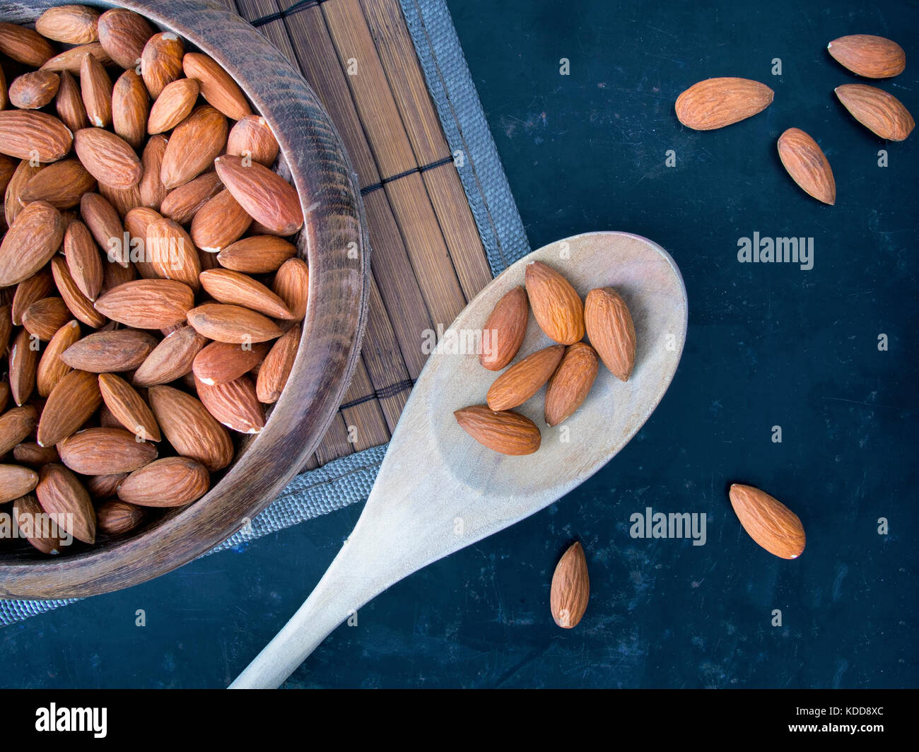 Almonds on wooden ladle, top view Stock Photo - Alamy