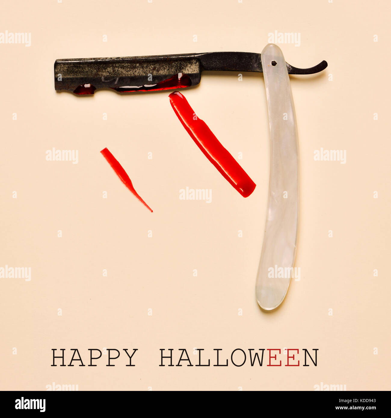 an old and rusty straight razor full of blood and the text happy ...