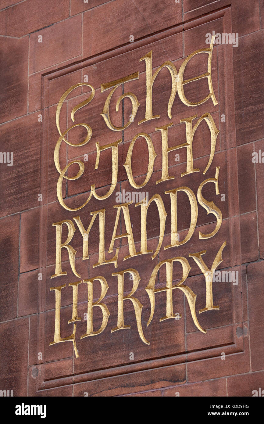 The John Rylands Library in letters of gold on the outside wall ...