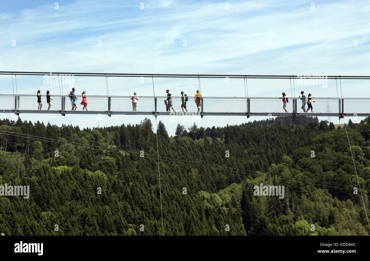 People crossing the rope bridge at Rappbodetalsperre, 11 June 2017 ...