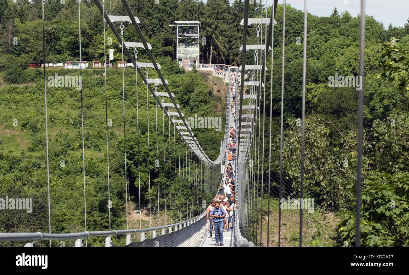 People crossing the rope bridge at Rappbodetalsperre, 11 June 2017 ...