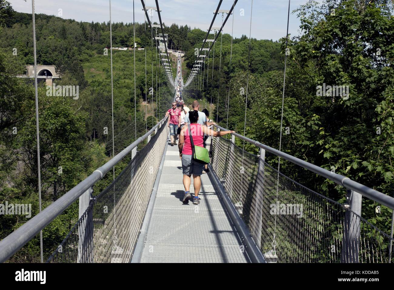 People crossing the rope bridge at Rappbodetalsperre, 11 June 2017 ...