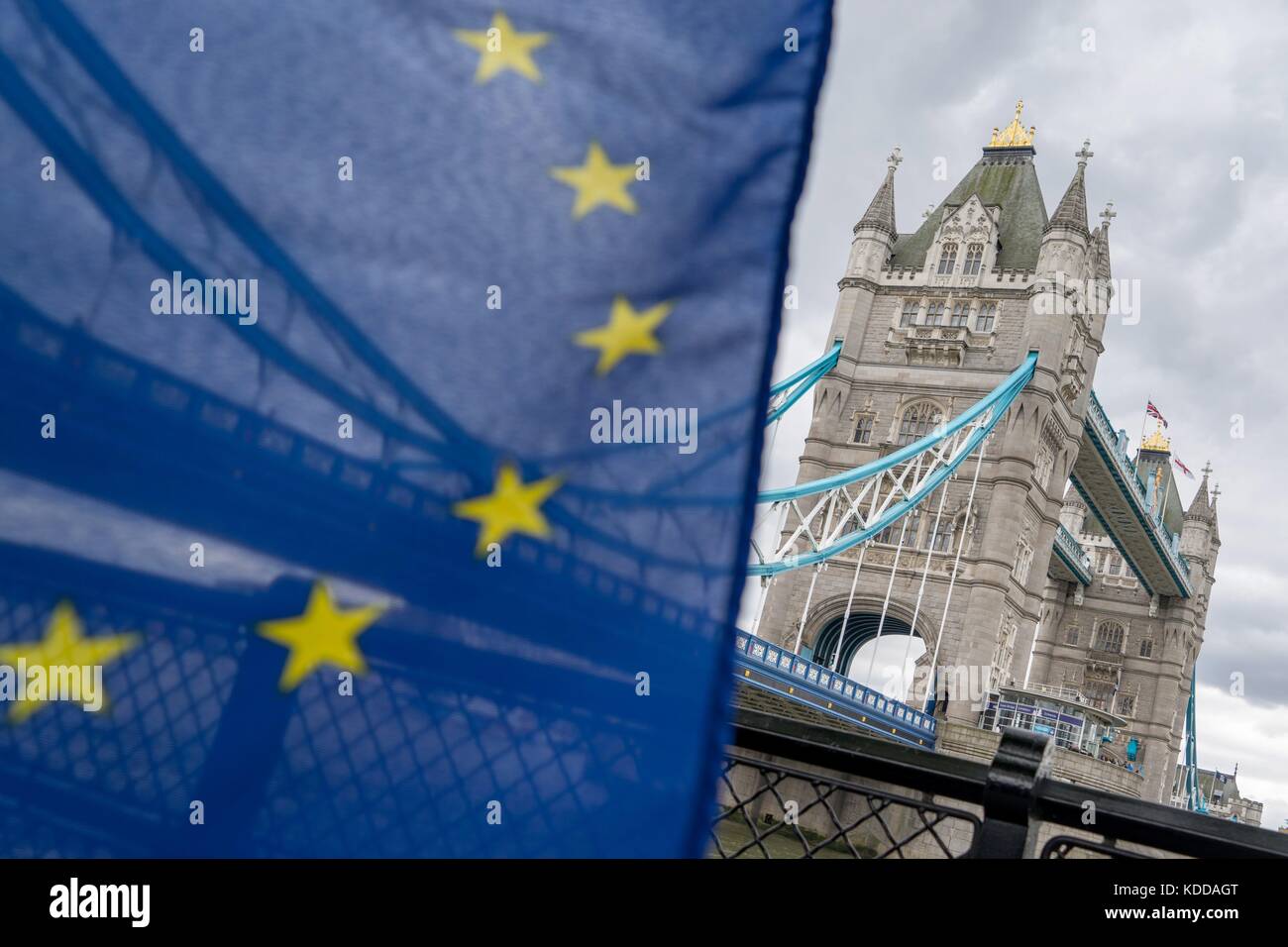 London: EU flag in front of the Tower Bridge - as seen from South Banks ...