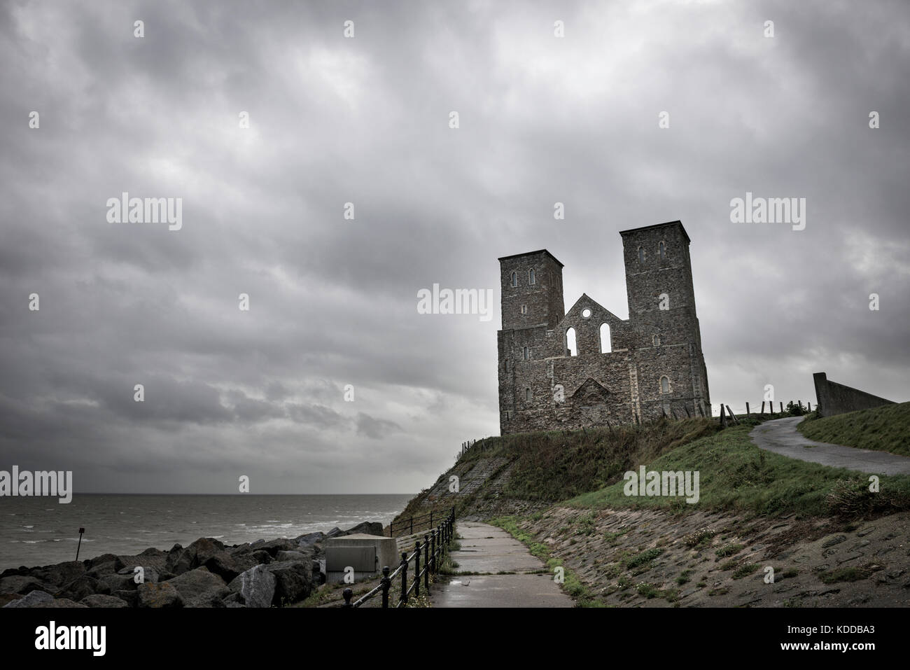 The towers of the ruined church of St. Mary's at Reculver in Kent, UK ...