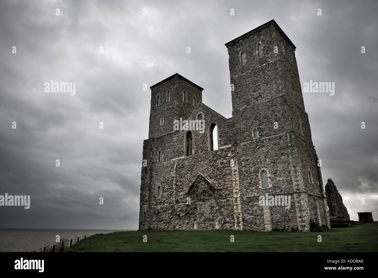 The towers of the ruined church of St. Mary's at Reculver in Kent, UK ...