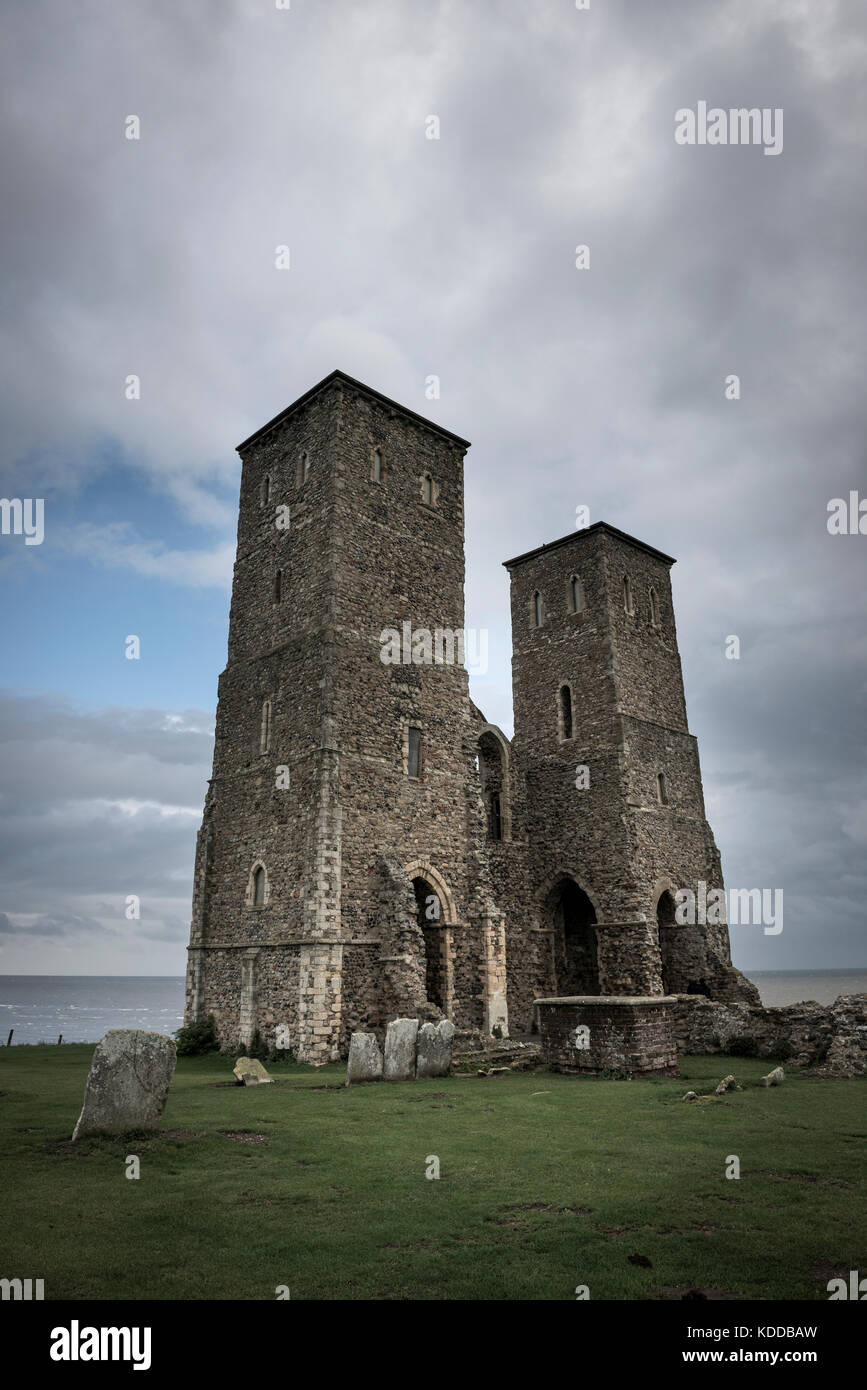 The towers of the ruined church of St. Mary's at Reculver in Kent, UK ...