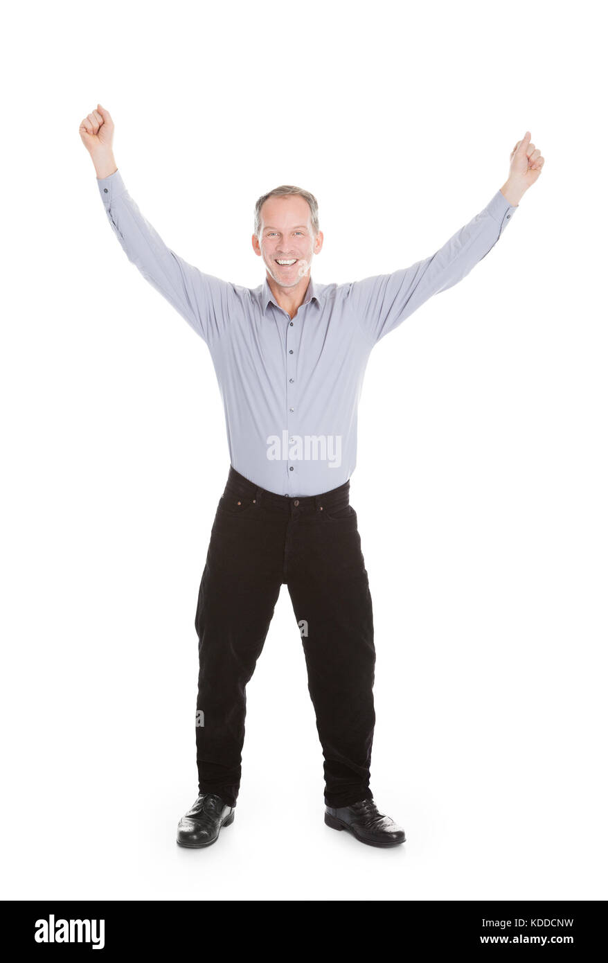 Portrait Of Excited Businessman Raising Hand Over White Background ...