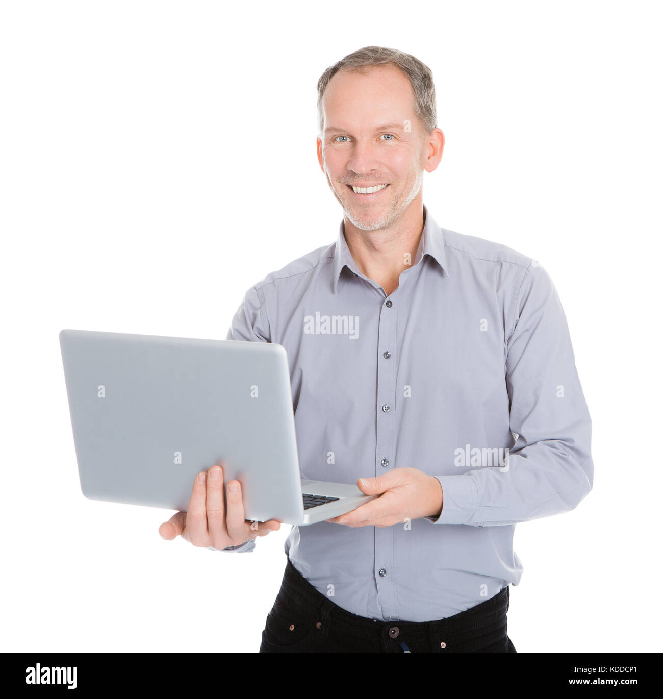 Portrait Of Happy Businessman Holding Laptop Isolated On White ...