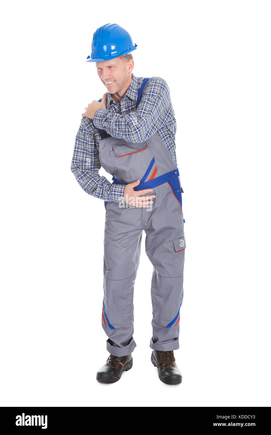 Worker Suffering From Shoulder Pain Isolated Over White Background ...