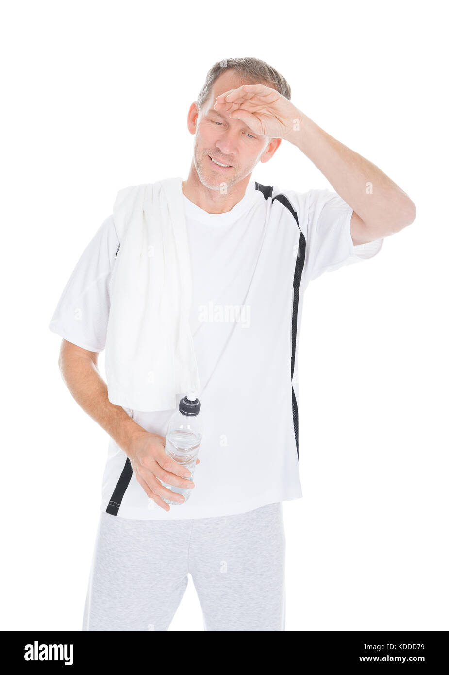 Tired Mature Man Wiping Sweat Holding Water Bottle Stock Photo - Alamy