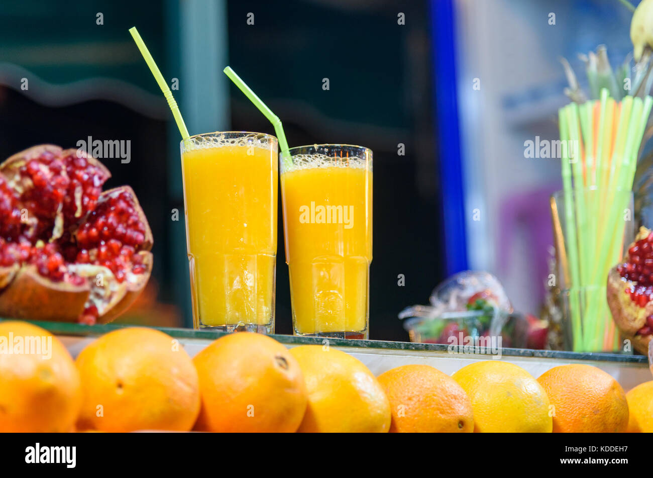 Fresh orange juice for sale in stall in Jemma El Fna square at nigh ...