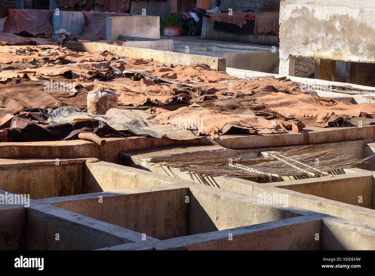 Leather drying in traditional tannery in medina of Marrakesh. Morocco ...
