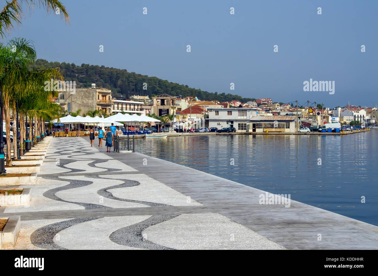 Argostoli Greece Seafront Promenade and Harbor lined by palm trees ...
