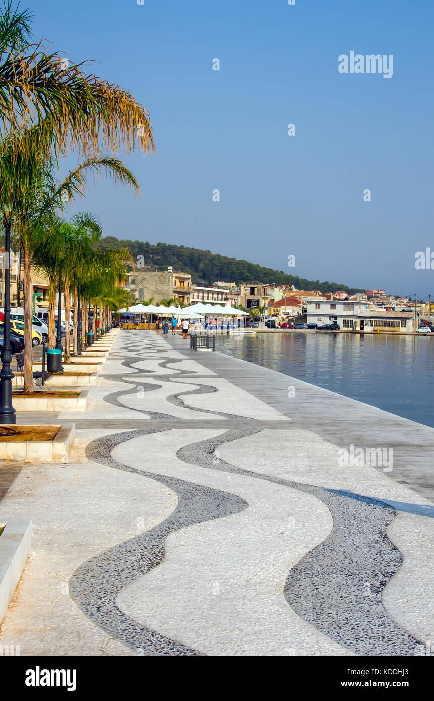 Argostoli Greece Seafront Promenade and Harbor lined by palm trees ...