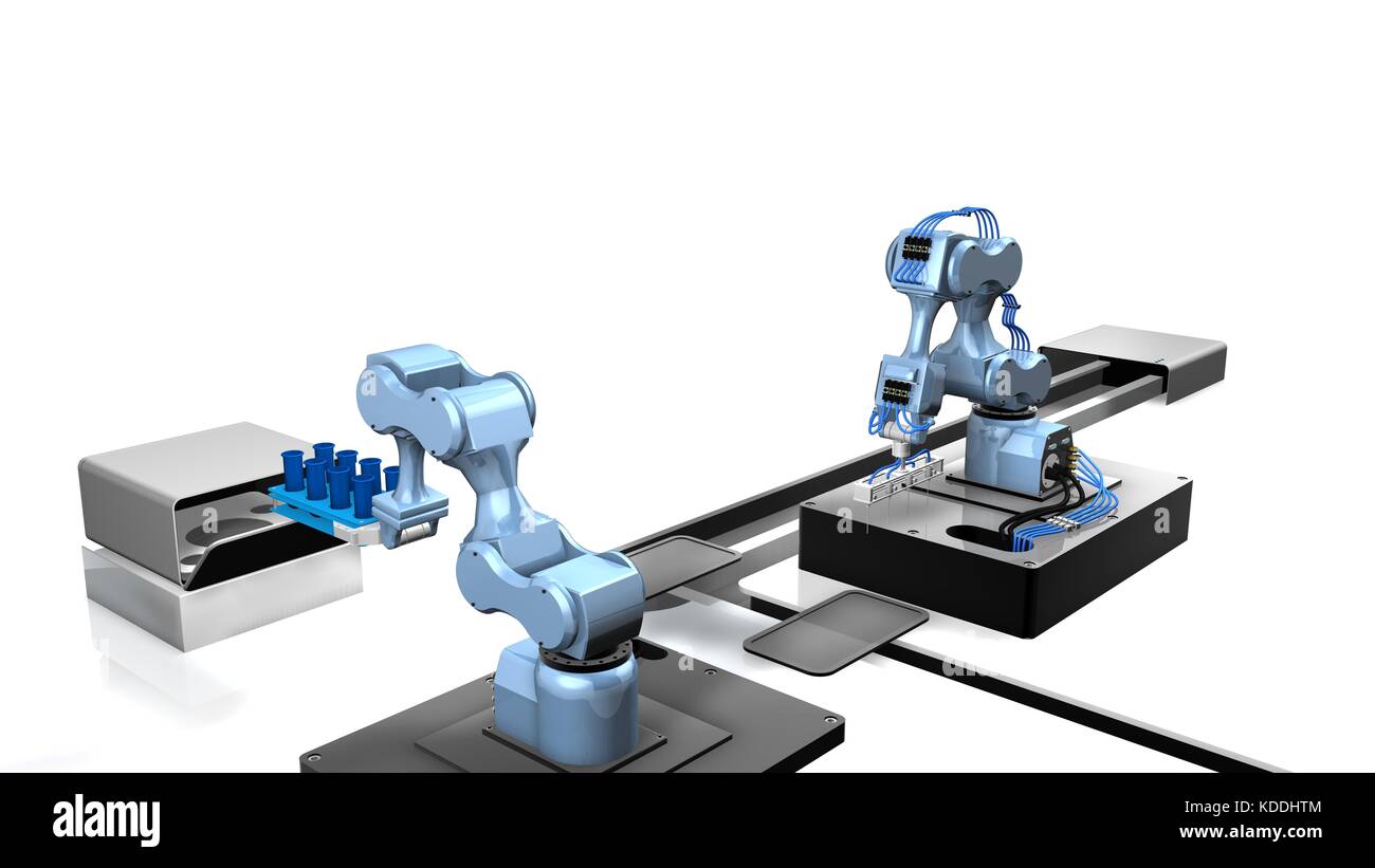 3D model of an automated laboratory with two mechanical arms taking ...