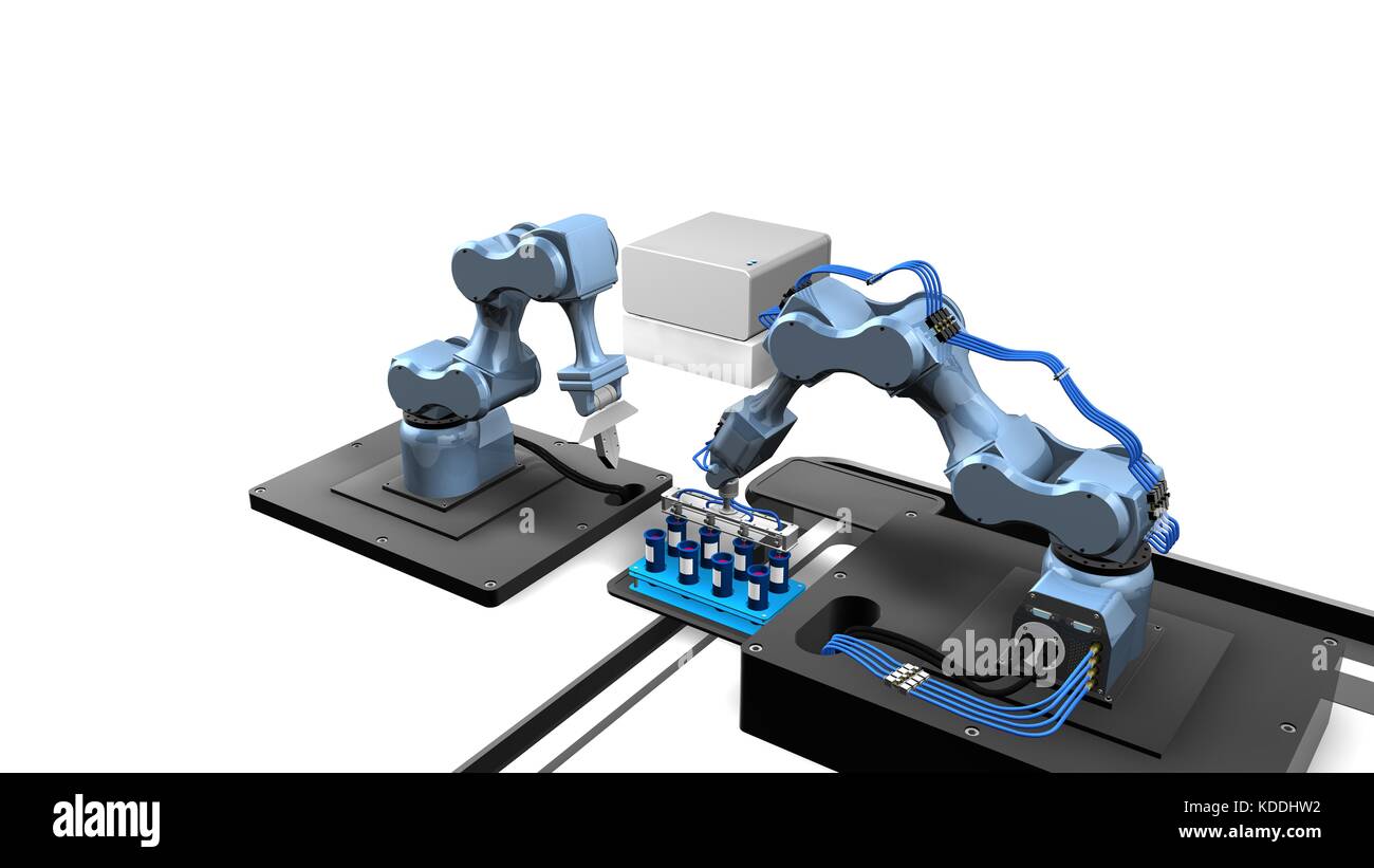 3D model of an automated laboratory with two mechanical arms taking ...