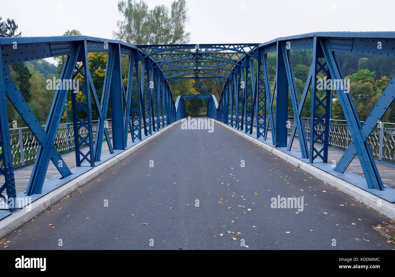 Blue steel bridge over the river Ohre in Kyselka village near Karlovy ...