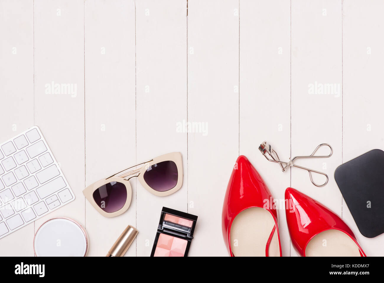 Top view of cosmetics and female accessories. Woman Essentials Stock ...