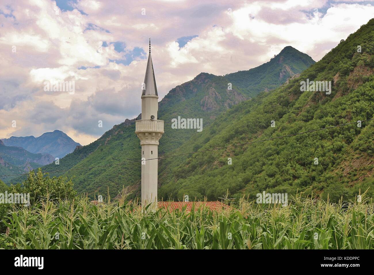 Minaret in mountain landscape, between Shkoder and Theth national park ...