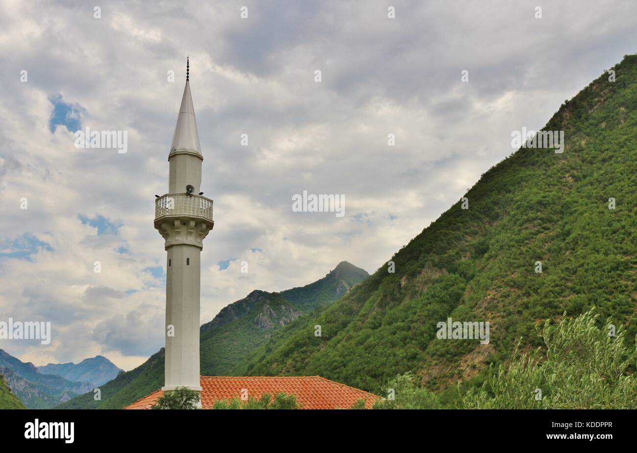 Minaret in mountain landscape, between Shkoder and Theth national park ...