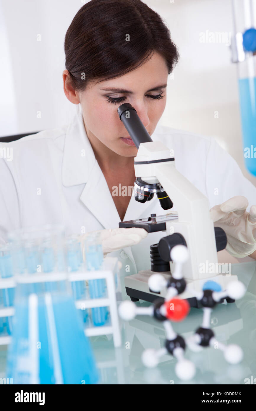Female Scientist In Laboratory Looking Through Microscope Stock Photo ...