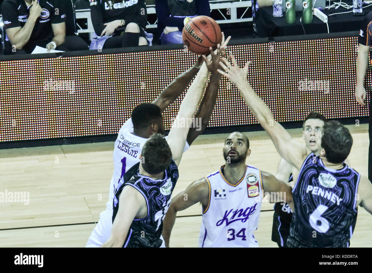 Kirk Penney and Robert Loe of New Zealand Breakers go up against Travis ...