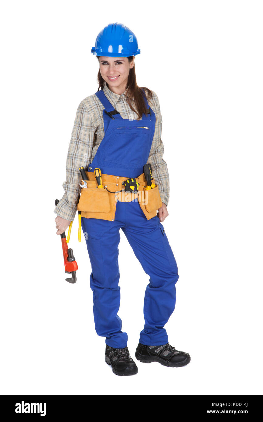 Female Worker Holding Wrench And Toolbox On White Background Stock ...