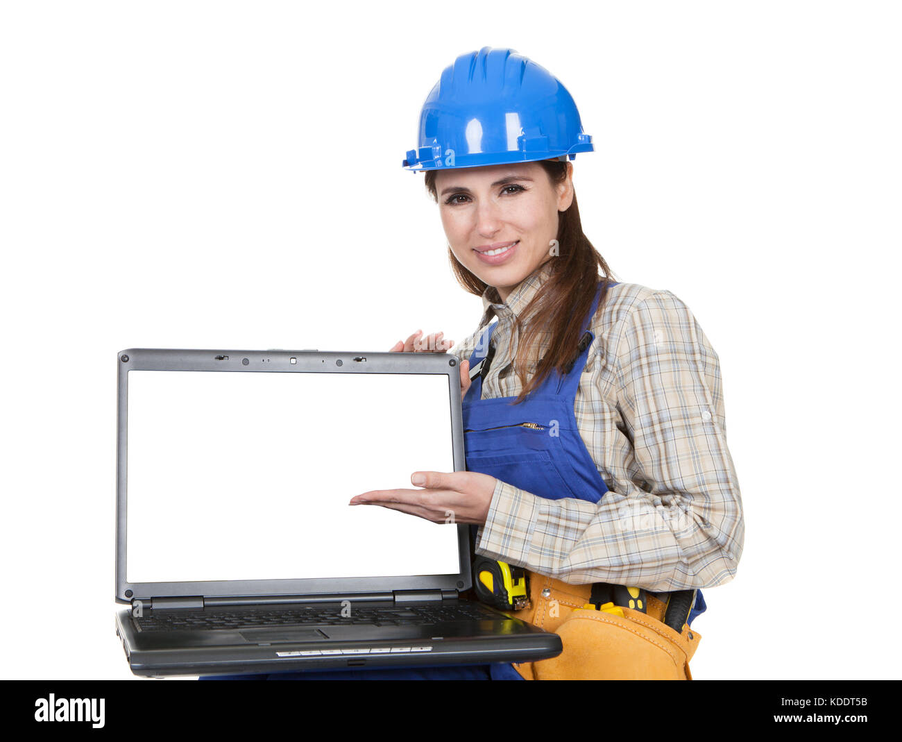 Portrait Of Female Worker Pointing On Laptop Stock Photo - Alamy