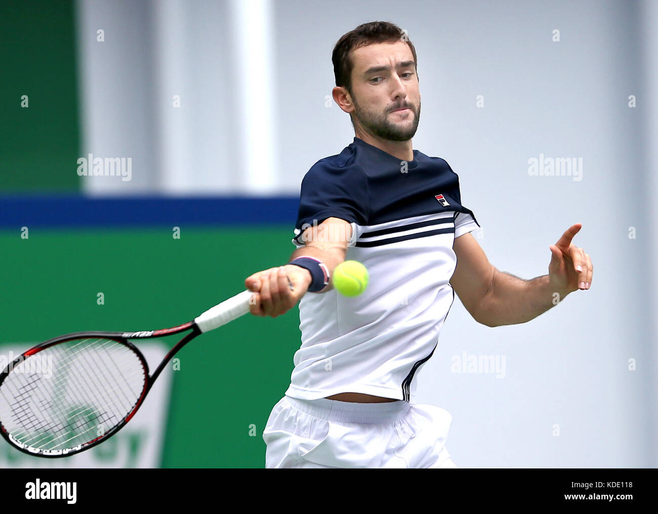Shanghai, China. 13th Oct, 2017. Marin Cilic of Croatia returns the ...