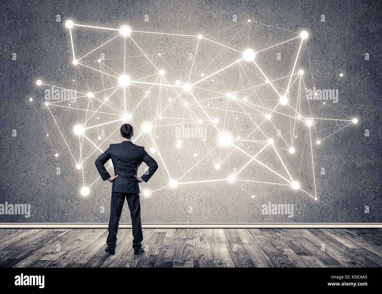 Connection lines drawn on concrete wall as symbol for networking Stock ...