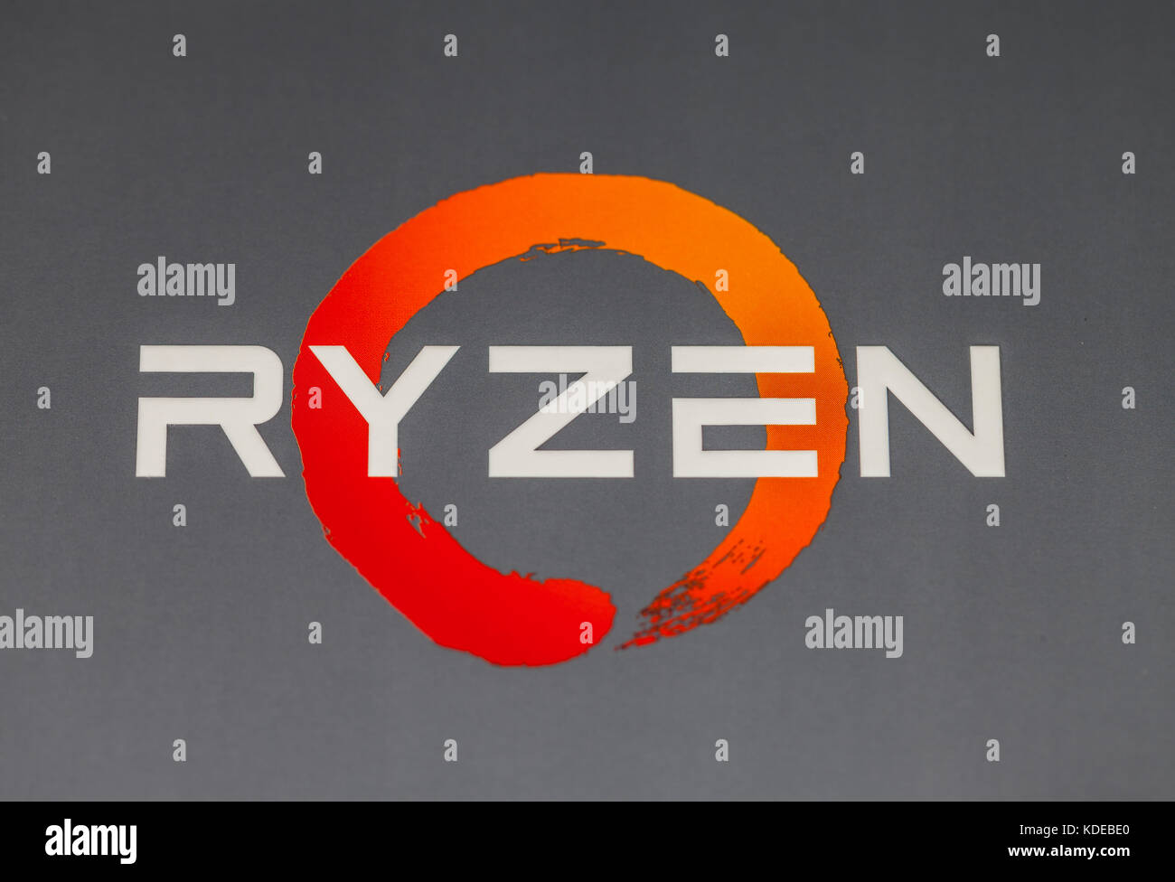 HANNOVER / GERMANY - OCTOBER 12, 2017: AMD Ryzen logo on carton. Ryzen ...