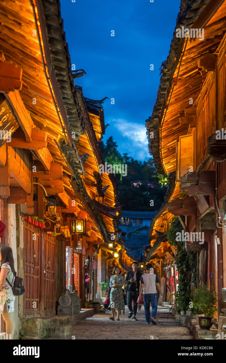 Street Scene at Night in Ancient Town, Lijiang, Yunnan, China Stock ...