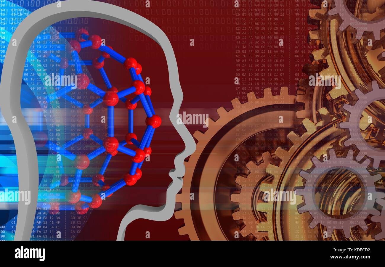 3d illustration of molecular structure over red background with gears ...