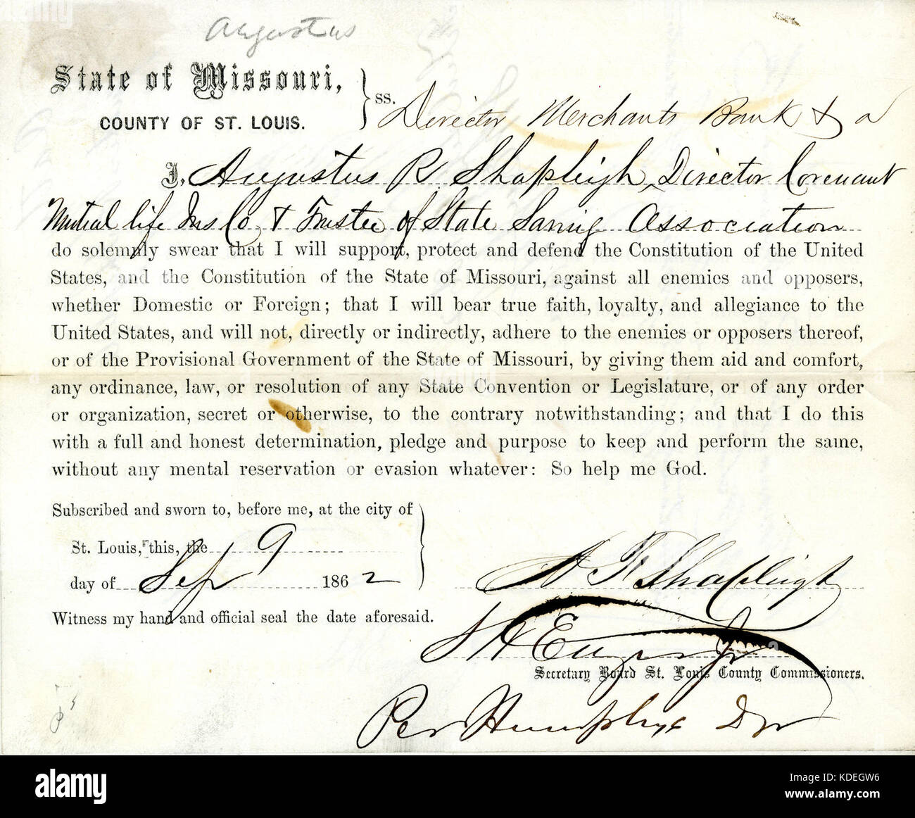 Loyalty Oath of Augustus R. Shapleigh, Director Covenant Mutual Life ...