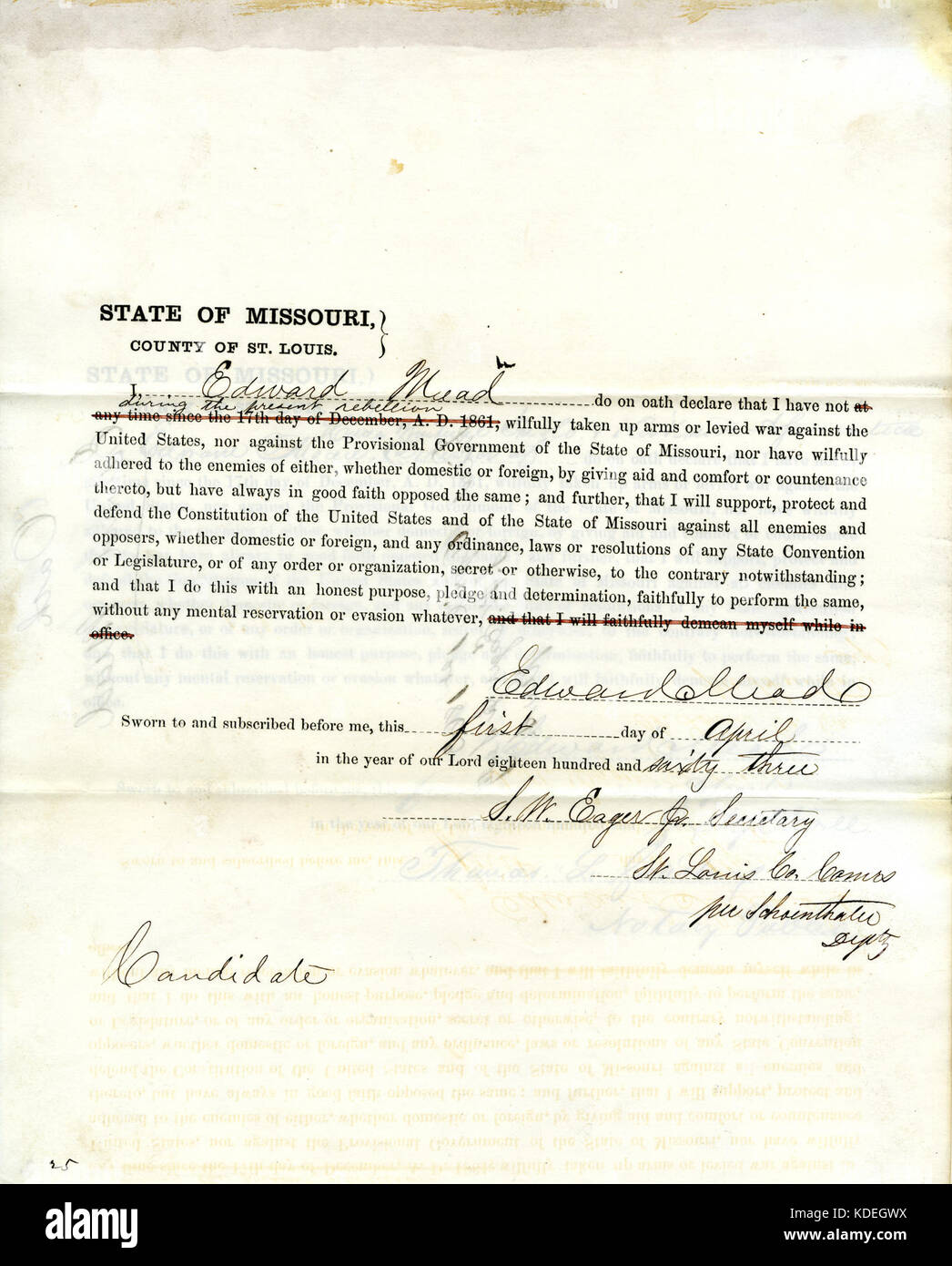 Loyalty Oath of Edward Mead, Candidate, St. Louis Stock Photo - Alamy