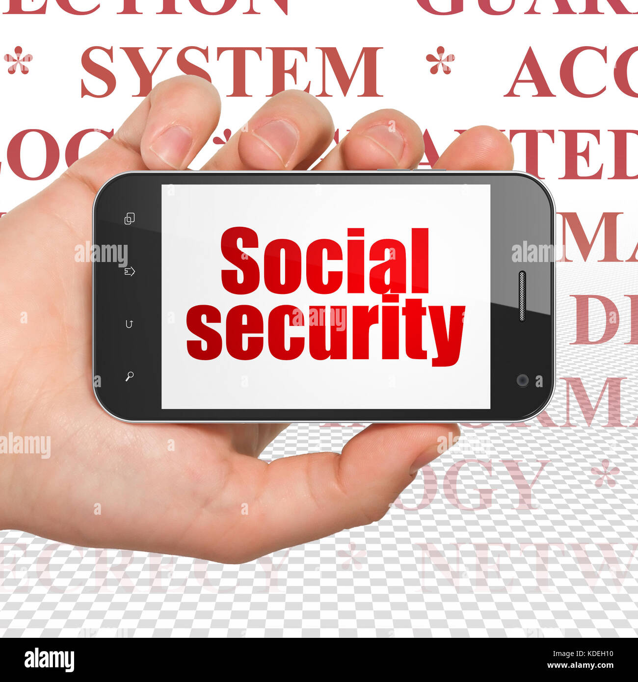 Safety concept: Hand Holding Smartphone with Social Security on display ...