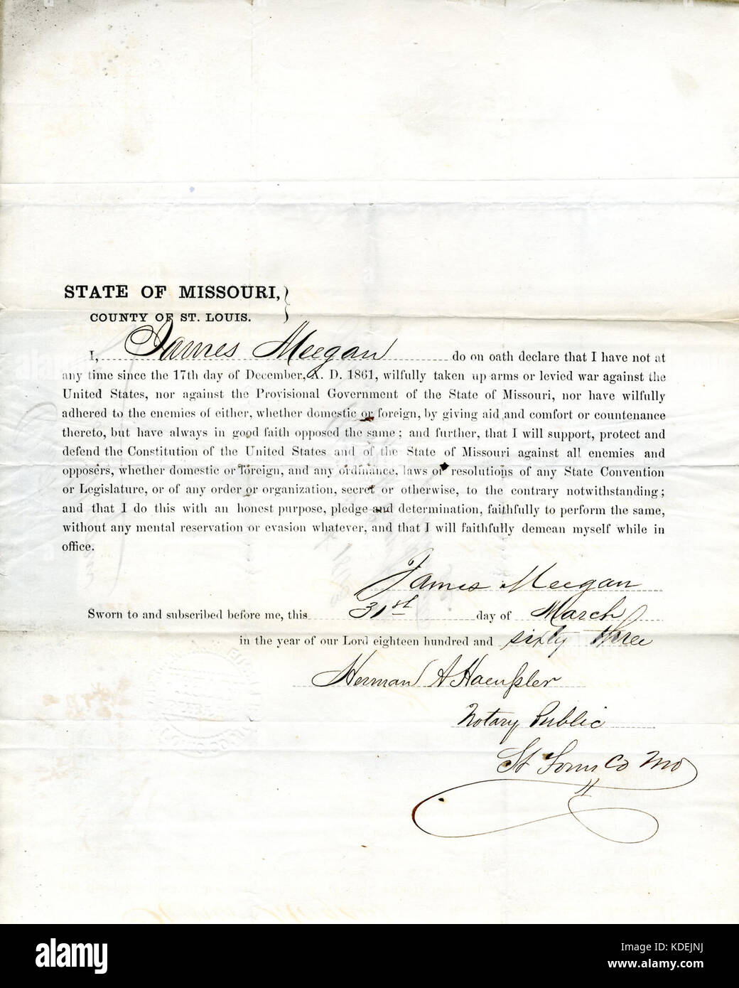 Loyalty oath of James Meegan of Missouri, County of St. Louis Stock ...