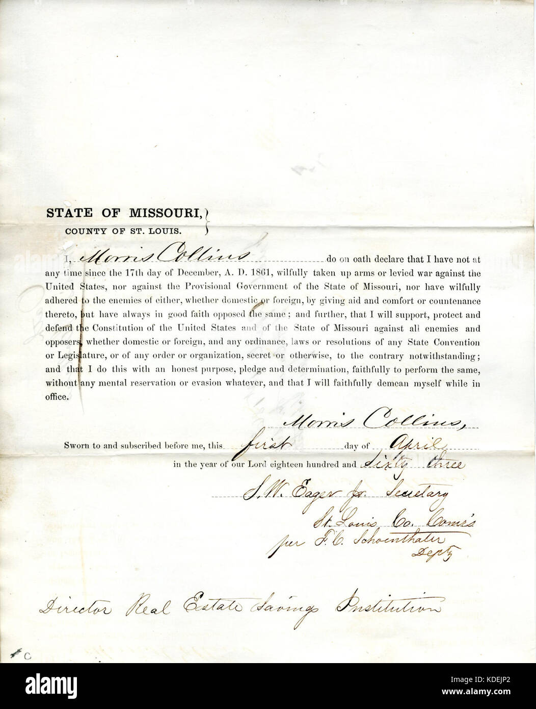Loyalty oath of Morris Collins of Missouri, County of St. Louis Stock ...