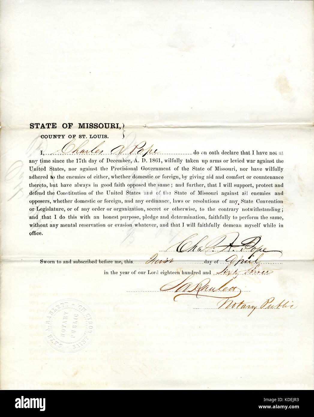 Loyalty oath of Charles A. Pope of Missouri, County of St. Louis Stock ...