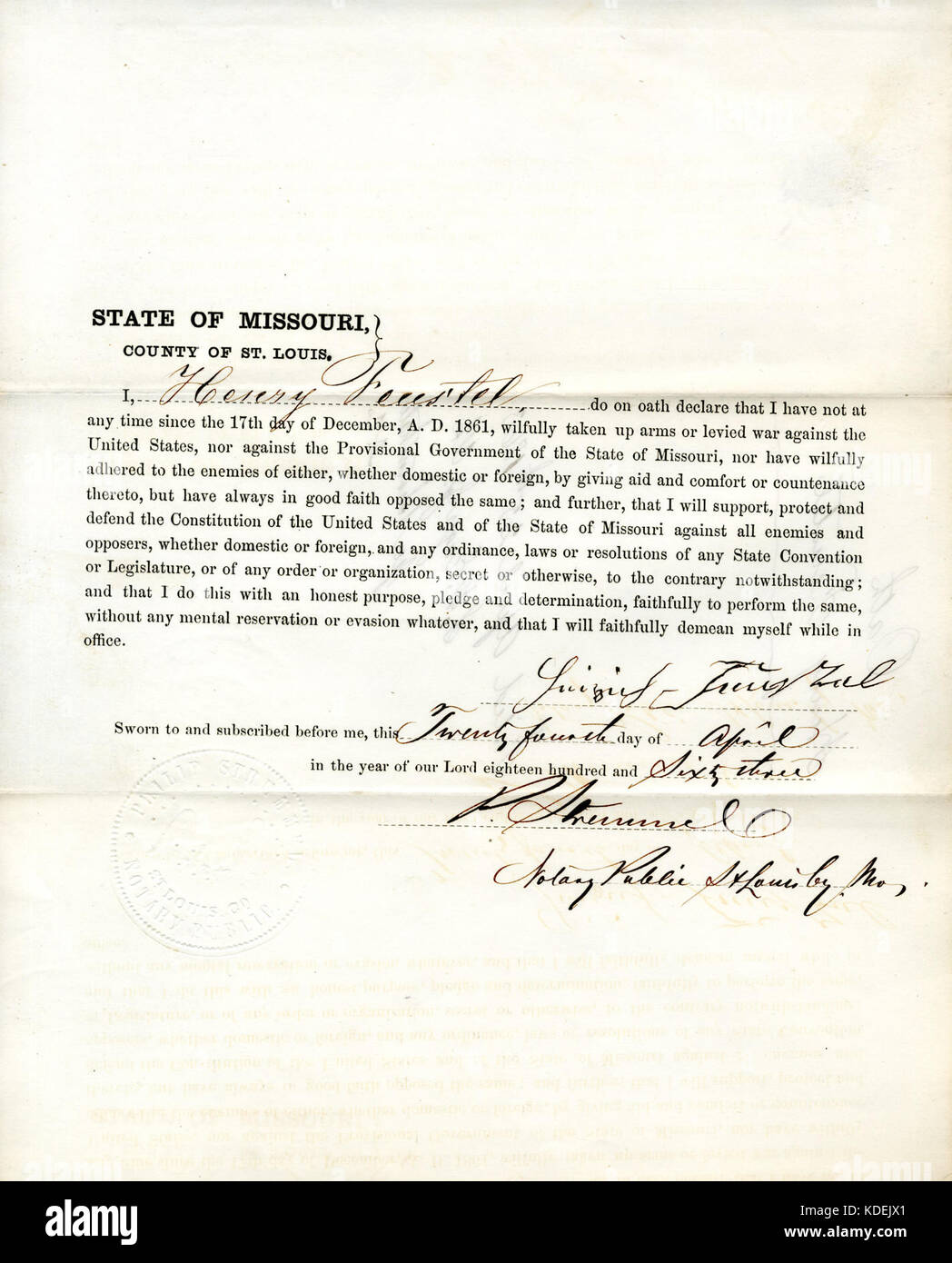 Loyalty oath of Henry Feustel of Missouri, County of St. Louis Stock ...