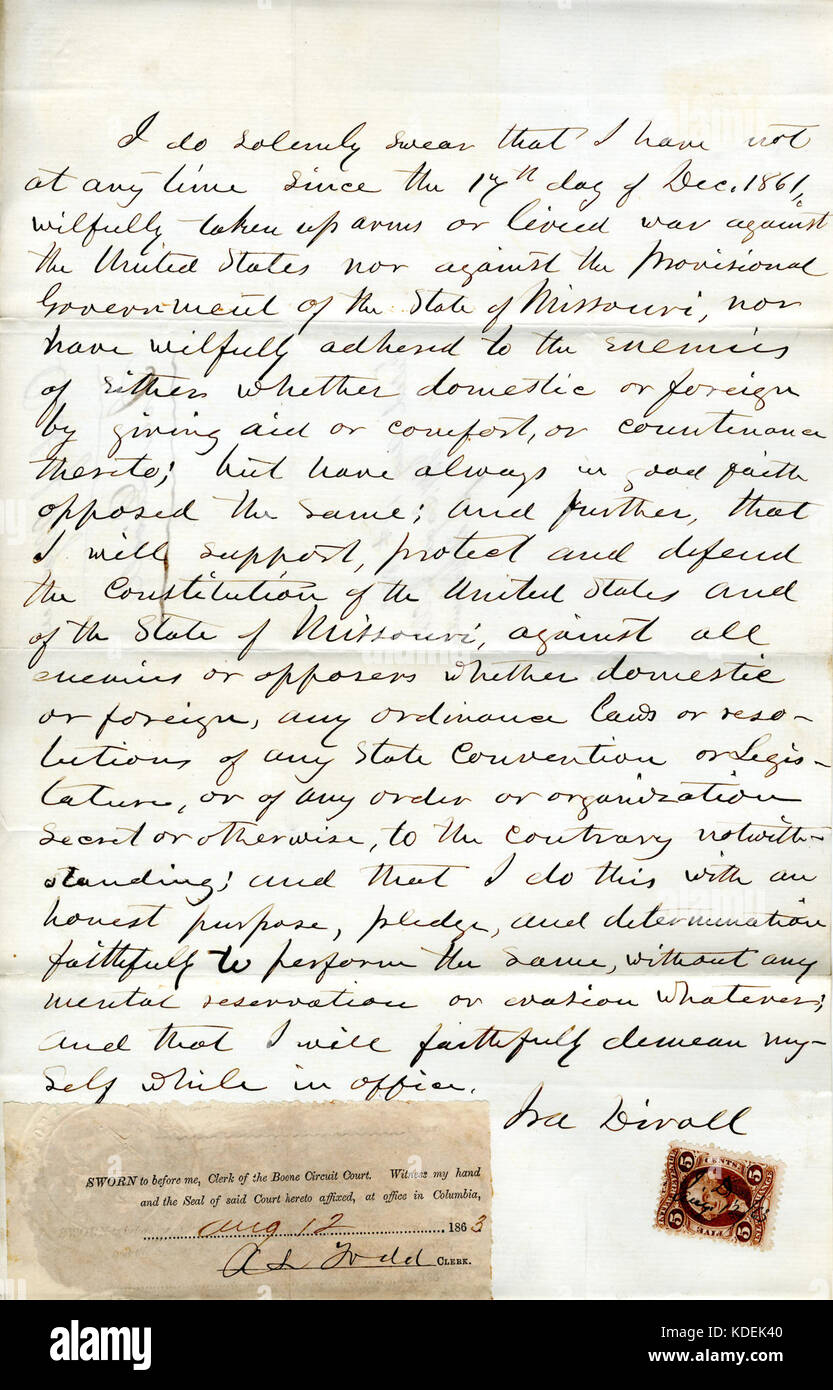 Loyalty oath of Ira Divoll of Missouri, County of St. Louis Stock Photo ...