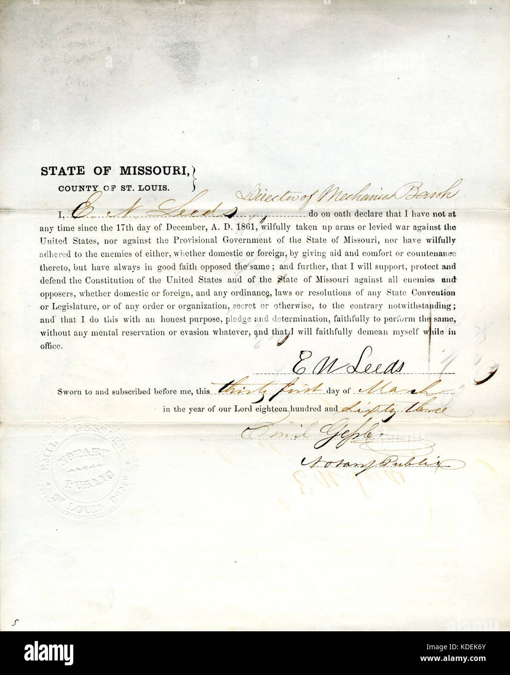 Loyalty oath of E. N. Leeds of Missouri, County of St. Louis Stock ...