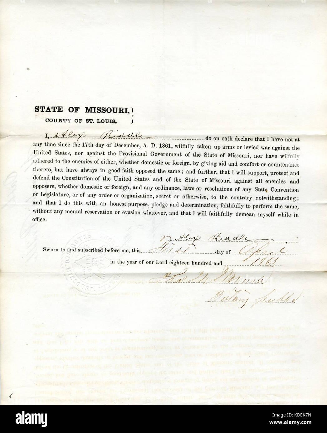 Loyalty oath of Alexander Riddle of Missouri, County of St. Louis Stock ...