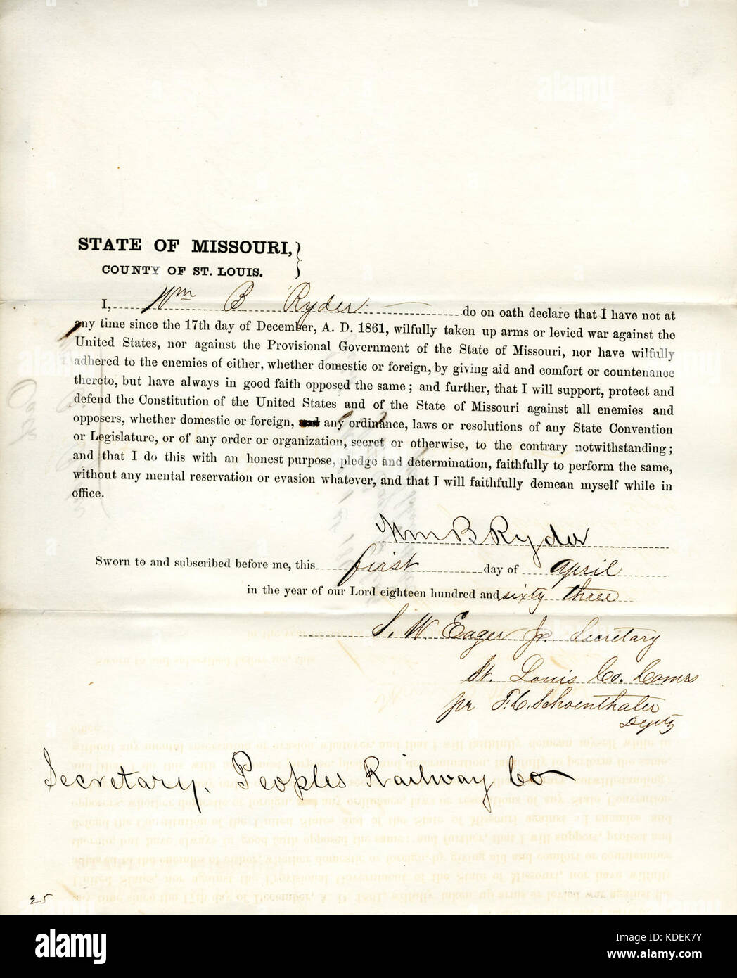 Loyalty oath of Wm. B. Ryder of Missouri, County of St. Louis Stock ...