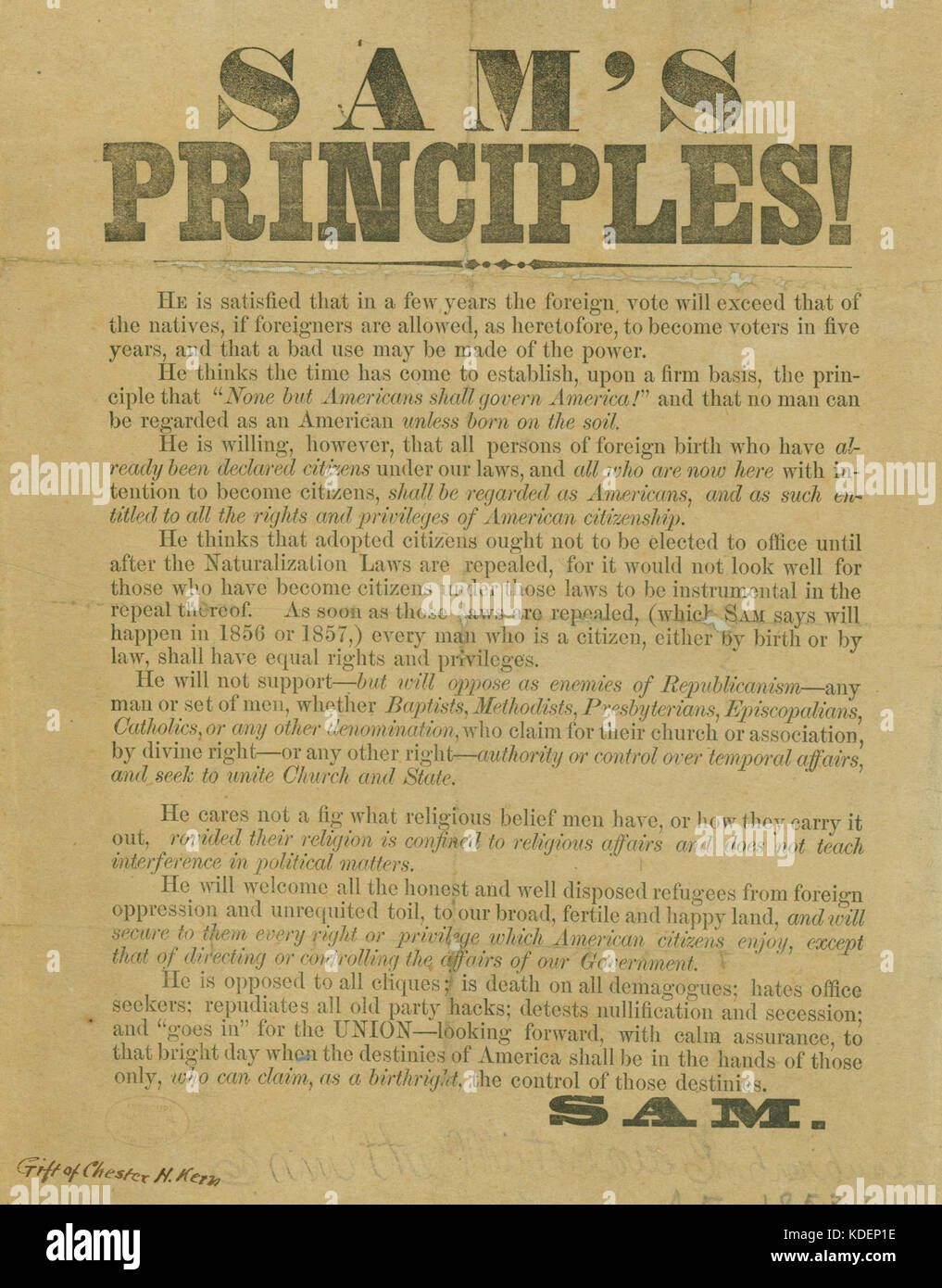 Political broadside 'Sam's Principles!', ca. 1853 Stock Photo - Alamy