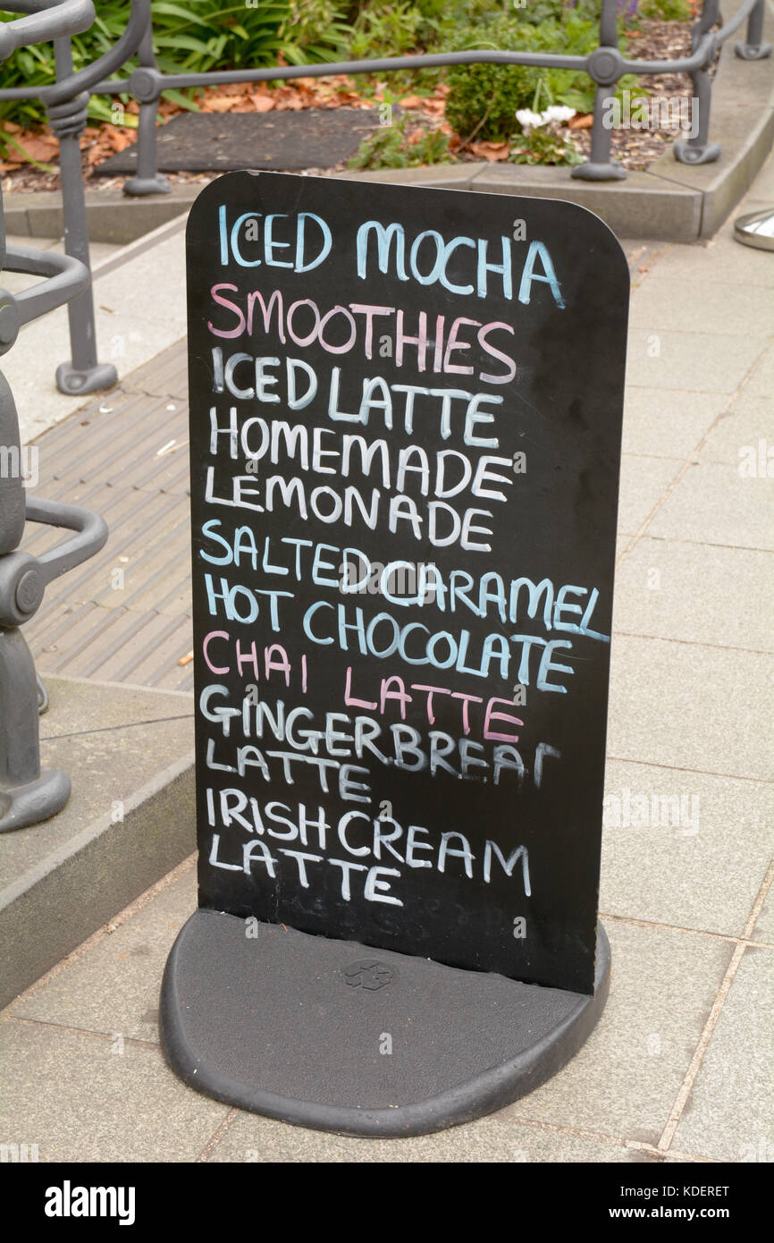 Sign outside cafe with list of drinks available Stock Photo - Alamy